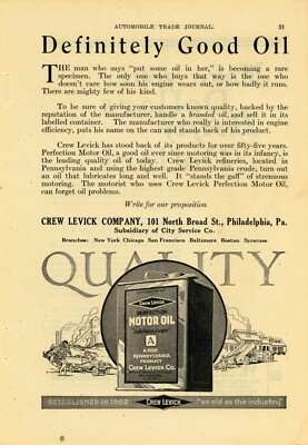 1919 Crew Levick Perfection Motor Oil Ad: Subs. of City Service/Citgo ...