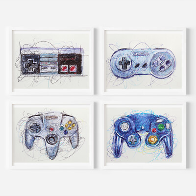 Nintendo Controllers Ballpoint Pen Print Set, Video Game Art Posters | eBay