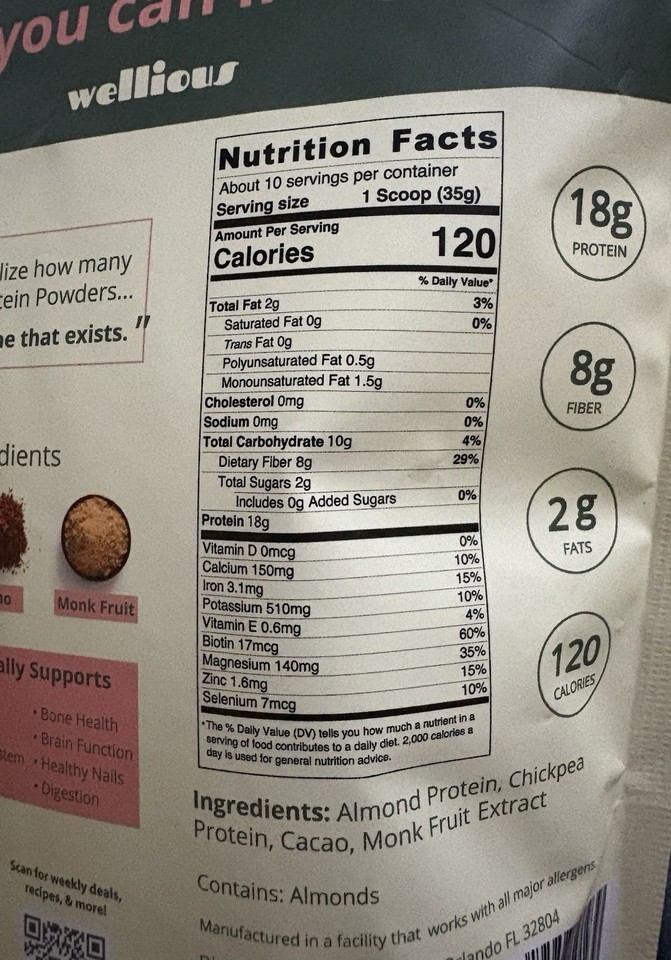 Wellious Almond Protein Powder Real Chocolate Vegan 12 Oz 340g Plant ...