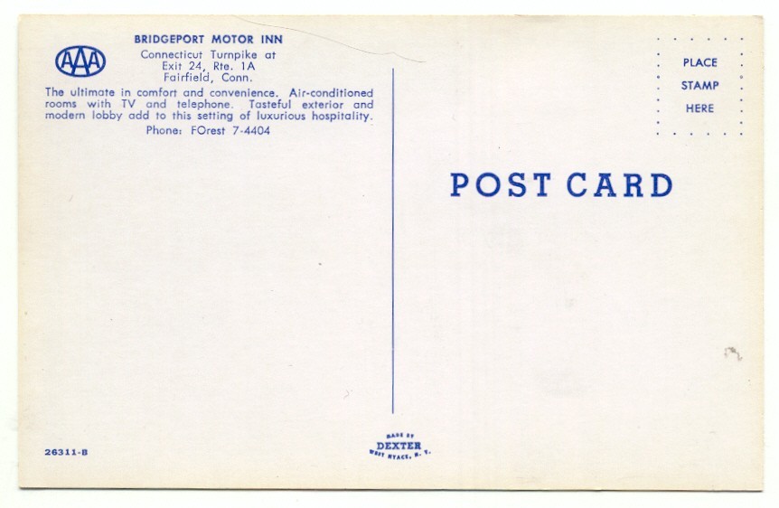 Fairfield CT Bridgeport Motor Inn Motel Rt. 1 Vintage Postcard ...