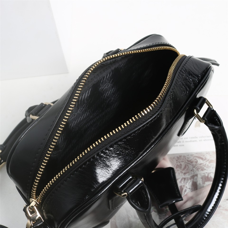Small Glossy Real Leather Tote Boston Bowling Handbag Fashion Shoulder ...