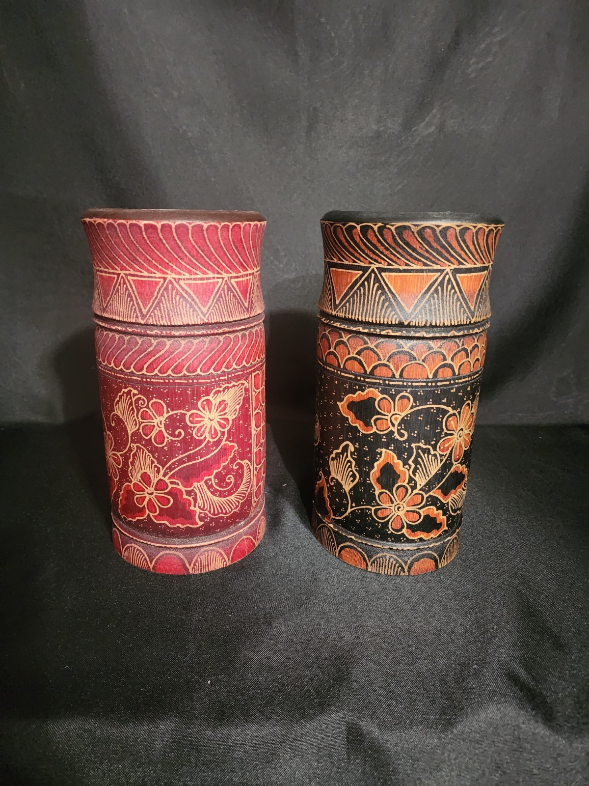 Set of 2 Hand-Carved Wooden Containers With Intricate Floral Designs | eBay