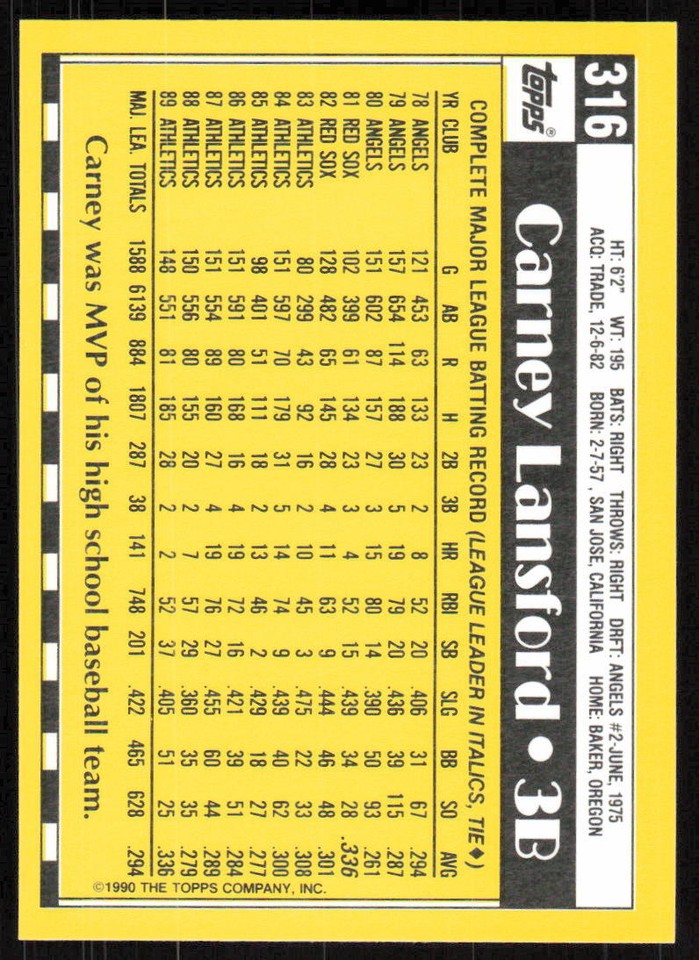 1990 Topps TIFFANY #316 Carney Lansford - FREE SHIPPING | eBay