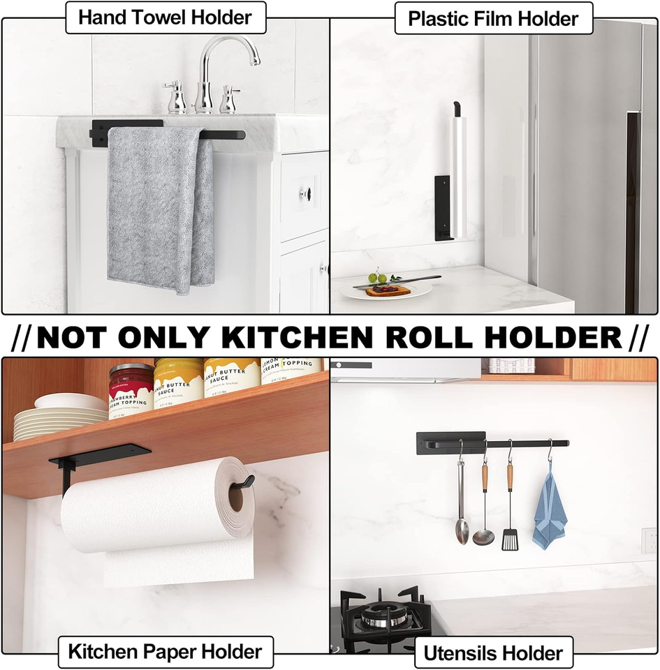 Black Kitchen Roll Holder under Cabinet, Self-Adhesive Paper Towel ...
