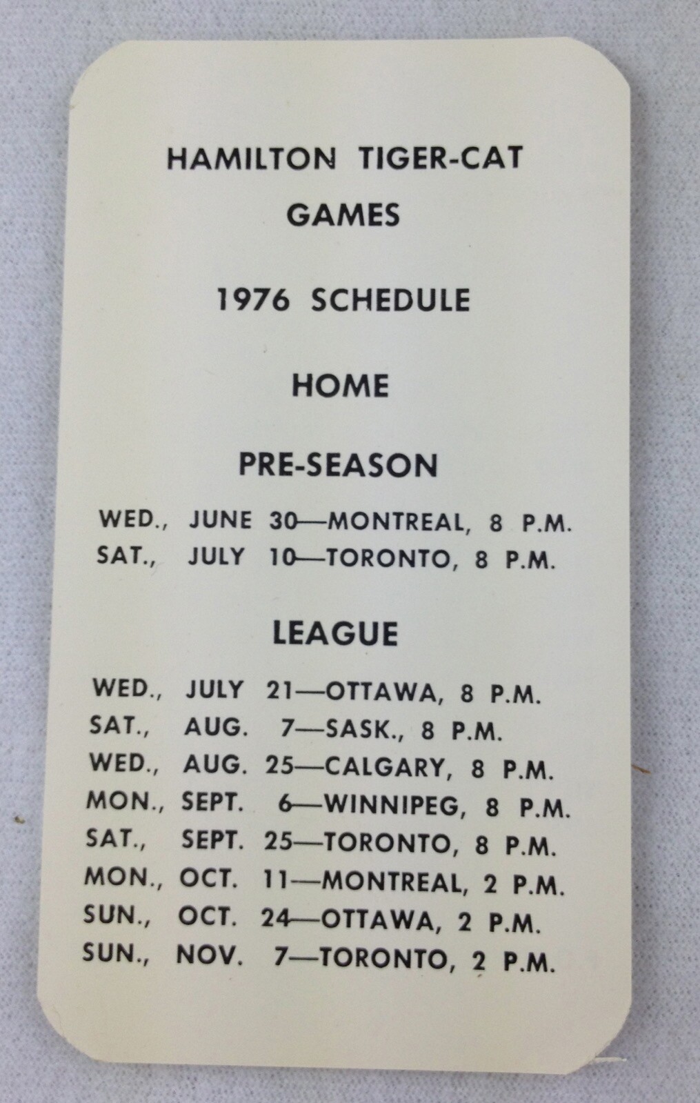 CFL 1976 Hamilton Tiger-Cat Pocket Football Schedule Card | eBay
