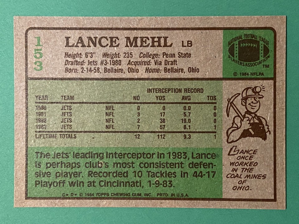 LANCE MEHL Signed 1984 Topps #153 NY Jets Penn State Nittany Lion ...