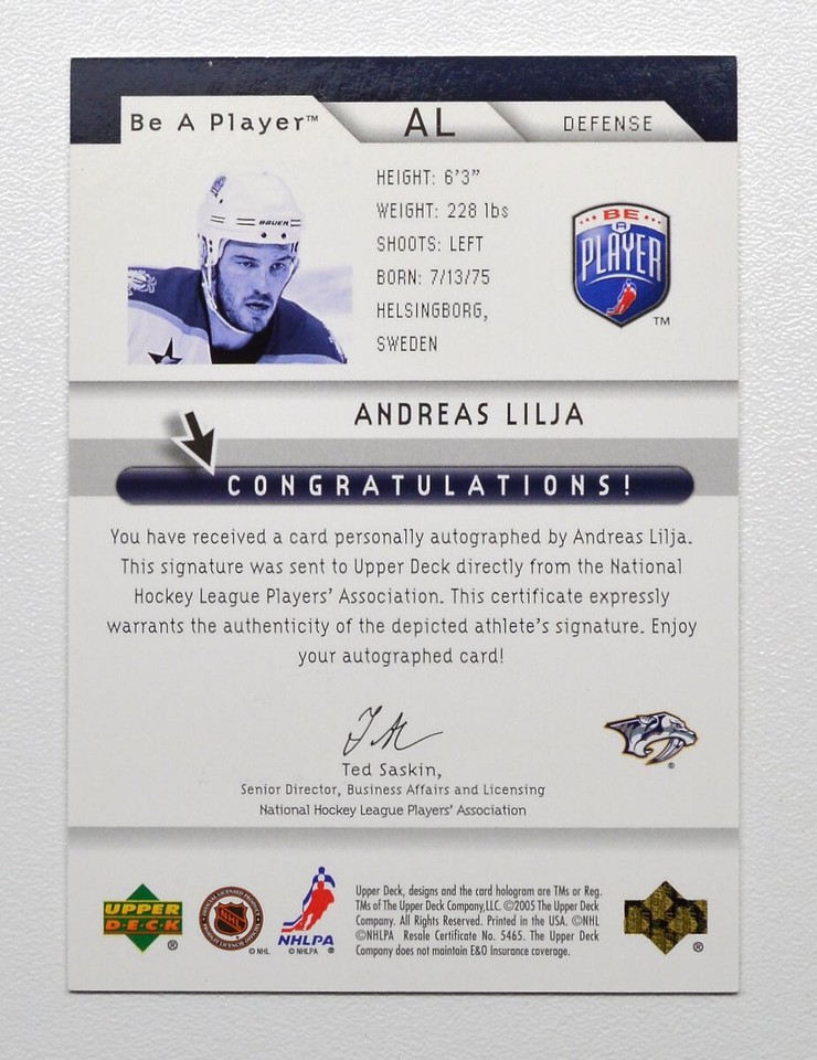 2005-06 Be A Player Signatures #AL Andreas Lilja | eBay