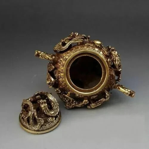 7" Chinese Brass Gilt 9 Dragon Incense Burner Censer Incensory Burner ...