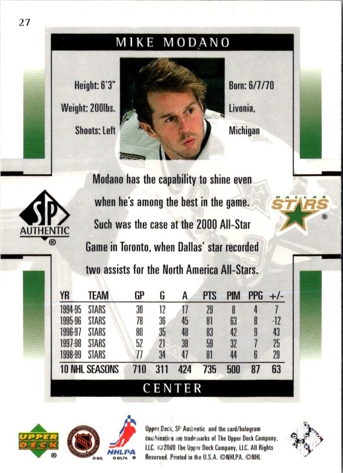 1999 Upper Deck Ultimate Victory Mike Modano #27 Dallas Stars Hockey ...