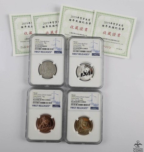 Set of 4: 2019 China Lunar Pig .999 Silver & Copper Panda Medals NGC ...