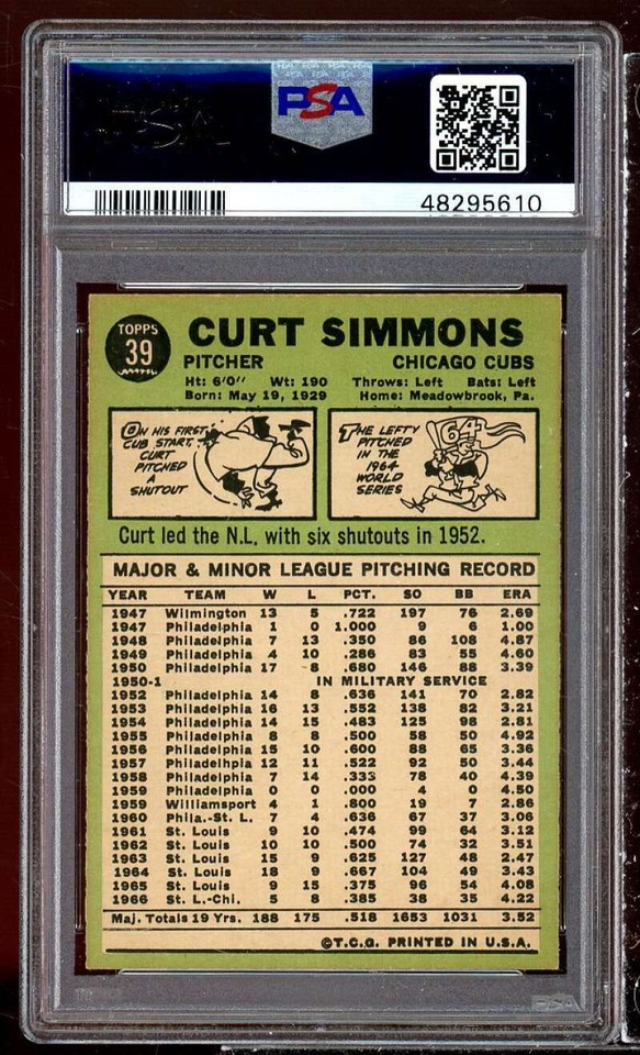 Curt Simmons Card 1967 Topps #39 PSA 8 | eBay