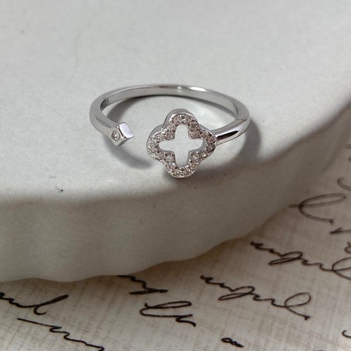 925 Sterling Silver Four Leaf Clover Zircon Adjustable Ring | eBay