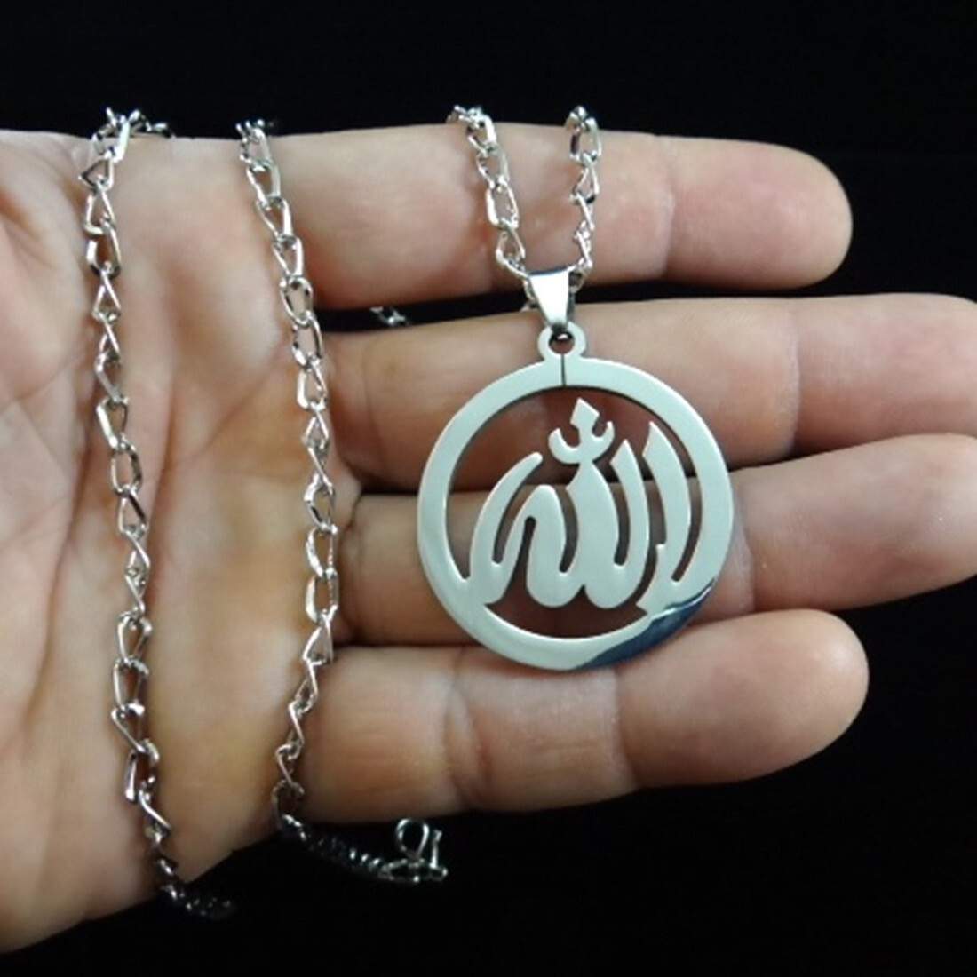 Silver Stainless Steel Round Allah Necklace Chain Muslim Islam Allah ...