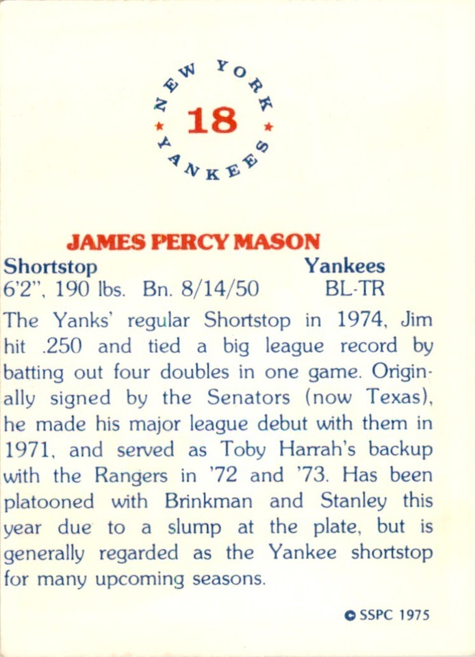 1975 SSPC JIM MASON NEW YORK YANKEES #18 | eBay