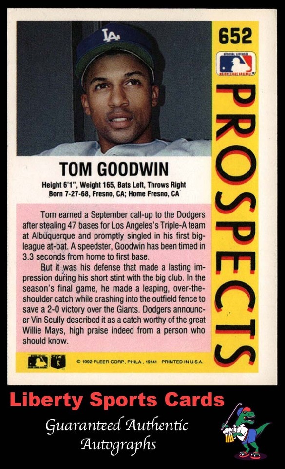 1992 Fleer Tom Goodwin #652 Authentic Autographed Card Los Angelos ...