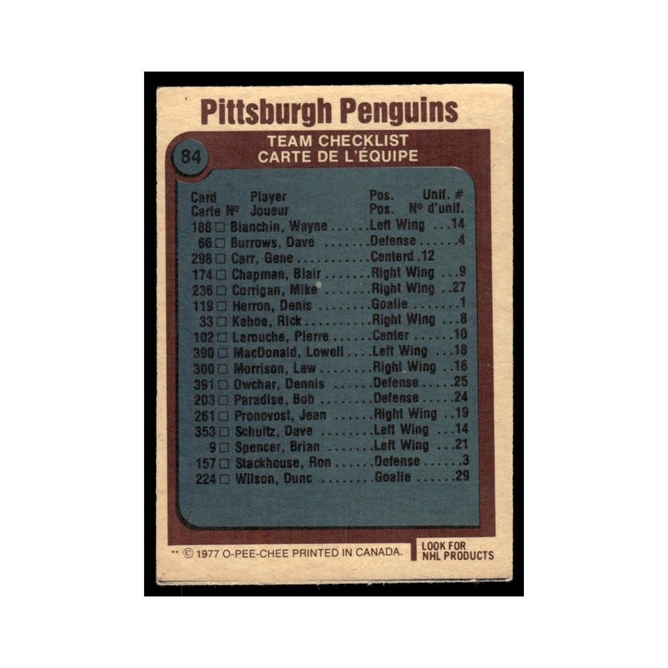 Pittsburgh Penguins Team 1977 O Pee Chee #84 Hockey Card EX | eBay