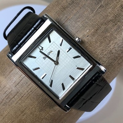 Bulova Men 96A23 Tank Gray Dial Black Leather Quartz Analog 29mm Watch ...