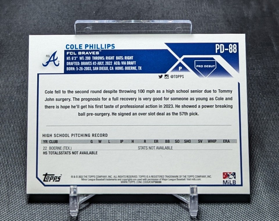 Cole Phillips Prospect Rookie 2023 Topps Pro Debut Card #PD-88 Atlanta ...