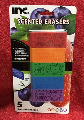 5 PK Of FRUIT SCENTED ERASERS BY INC Grape Blueberry Strawberry Apple ...