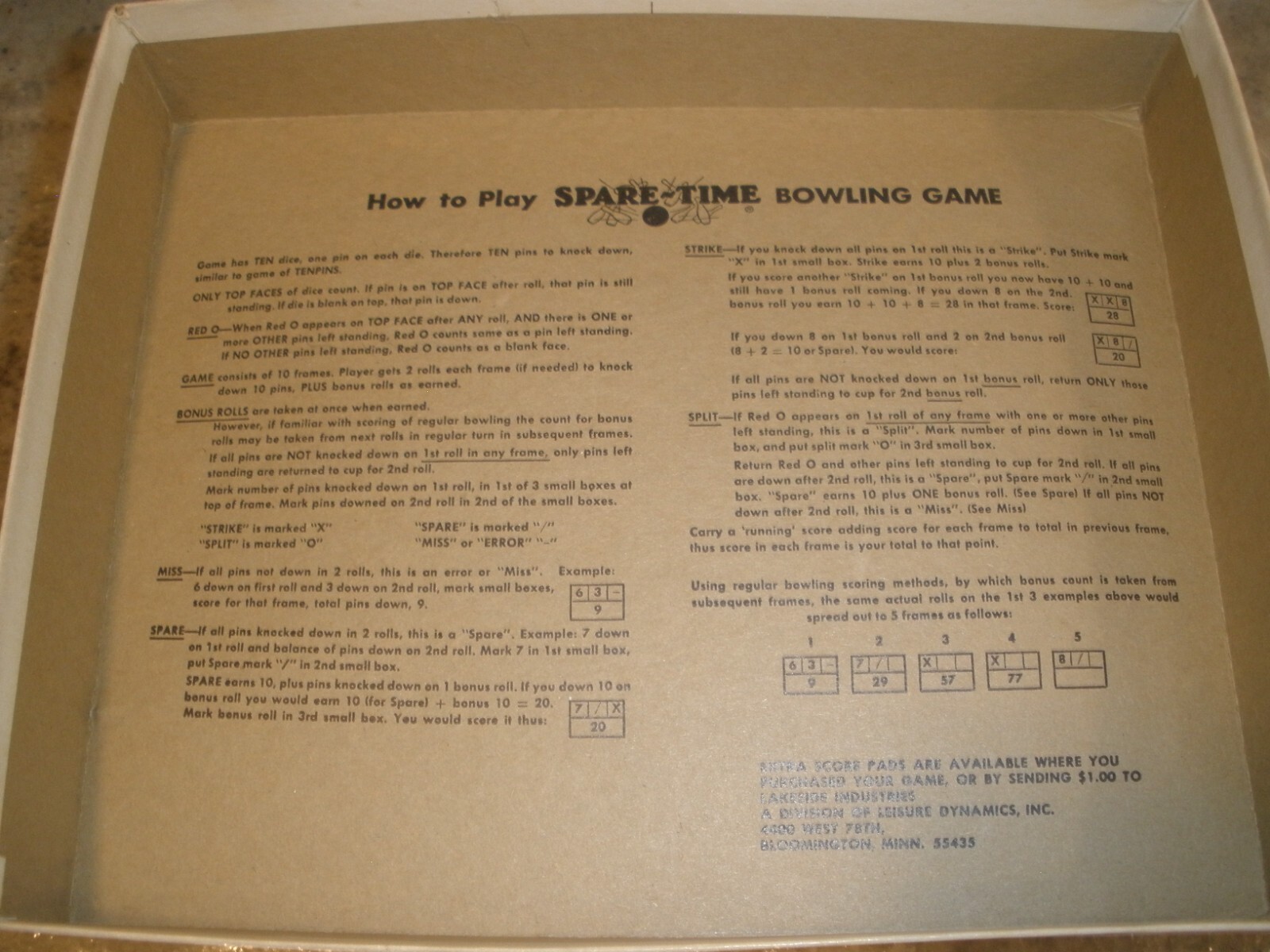 VINTAGE LAKESIDE SPARE TIME BOWLING TABLE TOP DICE GAME COMPLETE 1971 ...