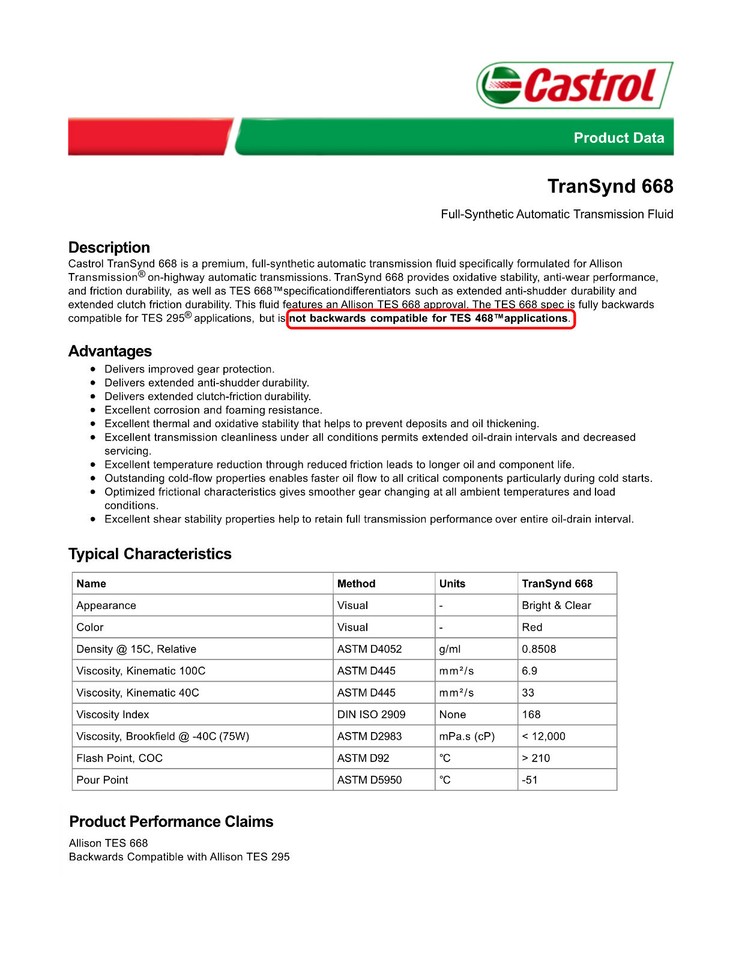 Allison Transynd TES 668 Full Synthetic Transmission Fluid 1GAL 6-pack ...