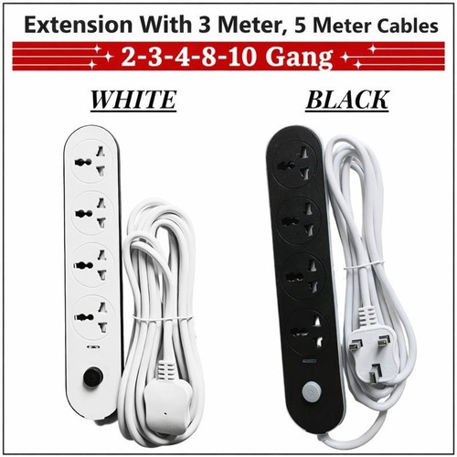 Extension Lead 4 Gang Way Plug Sockets 2/3/5M Cable Electric Mains ...