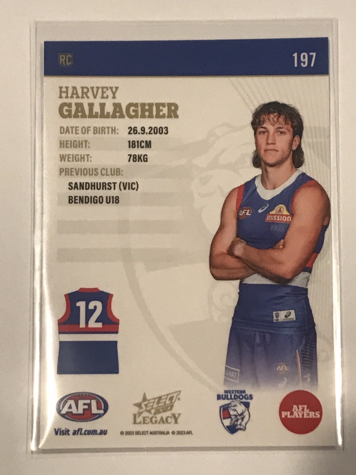 2023 AFL Select Legacy Draft Pick Harvey Gallagher Western Bulldogs ...