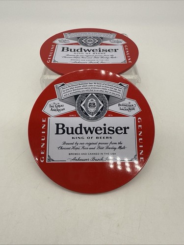 2 Budweiser Beer Drink Coasters Classic Sign Logo Red Round Metal W ...