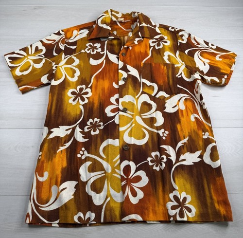 Vtg Royal Hawaiian Barkcloth Hawaiian Shirt Loop Collar Hibiscus 60s ...