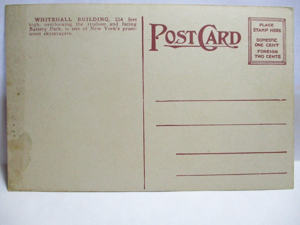 1910 POSTCARD WHITEHALL BUILDING, NEW YORK 254 FT PROMINENT SKYSCRAPER ...