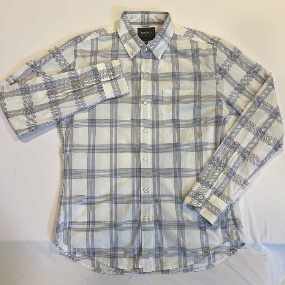 BONOBOS Shirt Mens Size Medium White w/ Blue Check Plaid Long Sleeve ...