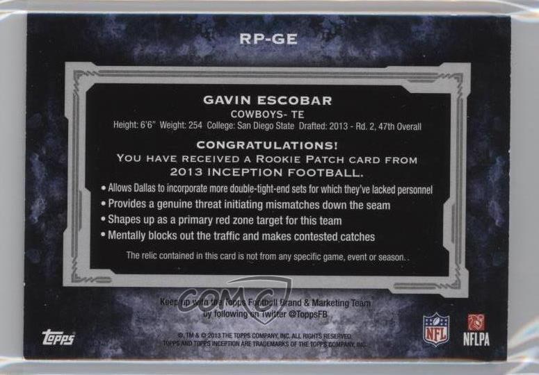 2013 Topps Inception - Rookie Patch Relics Green #RP-GE Gavin Escobar ...