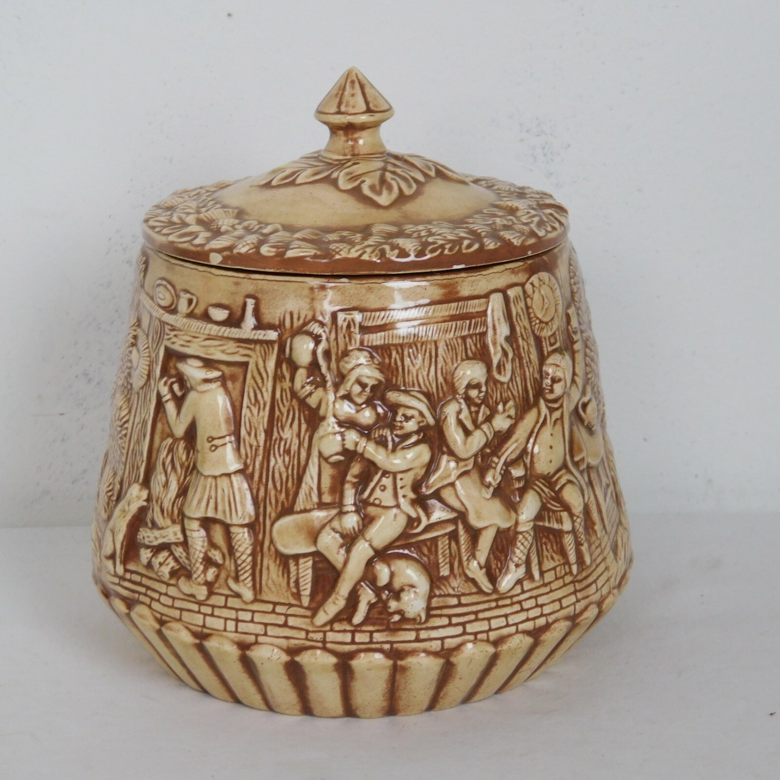 Handpainted Art Pottery Ceramic Jar Lid Tavern Scene Horse Rider Brown ...