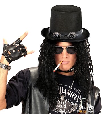 1980s Rockstar Slash Style Black Top Hat, Wig, Choker, Gloves and ...