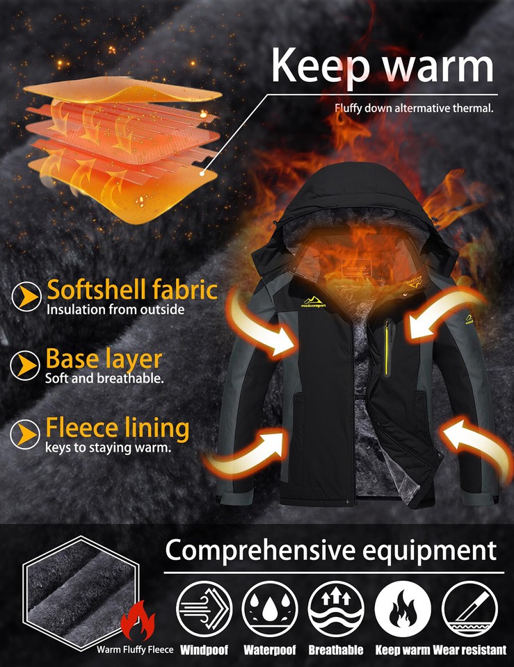 Men's Winter Ski Jacket Waterproof Snow Coat Snowboard Fleece Lining ...