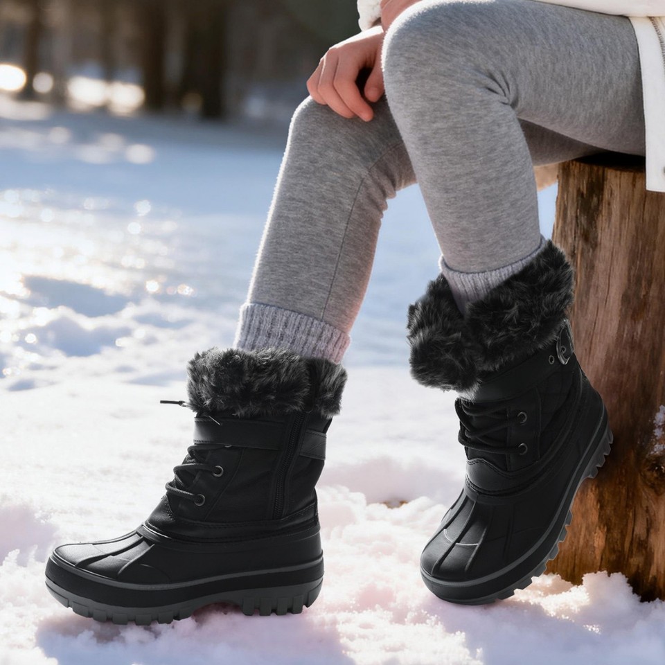 Boys Girls Winter Snow Boots Faux Fur Lined Warm Ski Boots Outdoor Ski ...