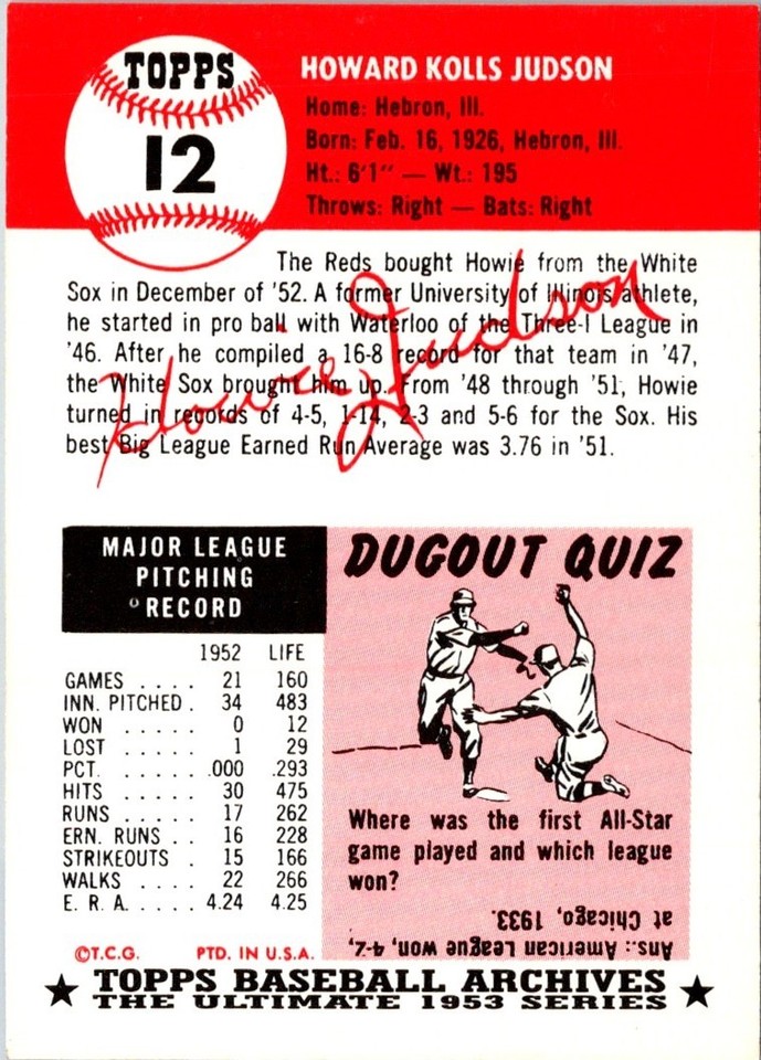 1991 Topps Archives 1953 Howie Judson #12 Cincinnati Reds Baseball Card ...