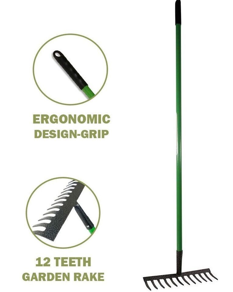 Garden Rake With Handle Heavy Duty Lawn 12 Tooth Weed Soil Rake Grass ...