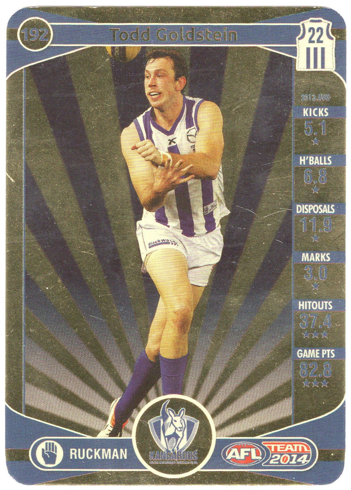 2014 AFL TEAMCOACH [GOLD PARALLEL CARD] - 192 Todd GOLDSTEIN (NORTH ...