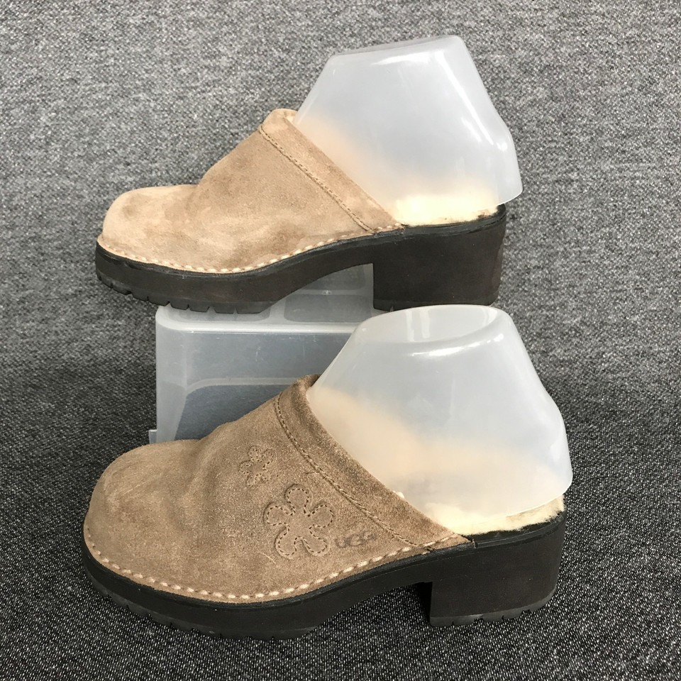UGG Women's Solvang Tan Suede Slip On Shearling Clogs Chunky Block Heel ...