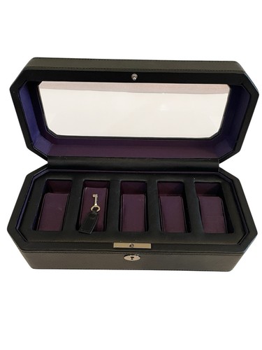 Wolf Watch Case Black 5 Watch Storage With Key, Purple Inside Glass Top ...