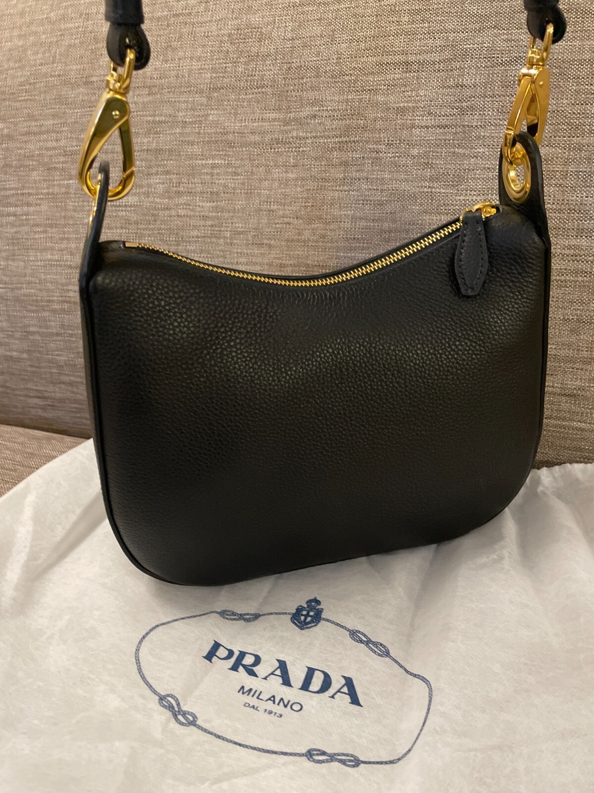Prada Black Vitello Phenix Leather Web Stripe Strap Crossbody 1BC166 ...