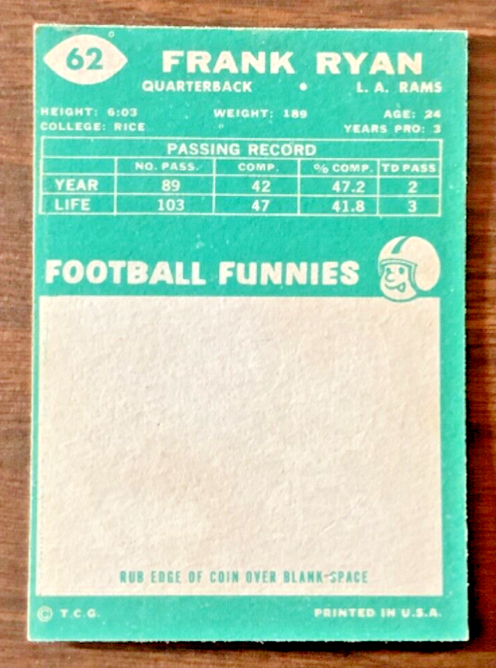 1960 Topps #62 Frank Ryan Rams RC-Great Gift Sport Cards -Nice Sharp ...