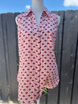 Ann Taylor pink sleeveless polo blouse floral graphic print size SMALL ...