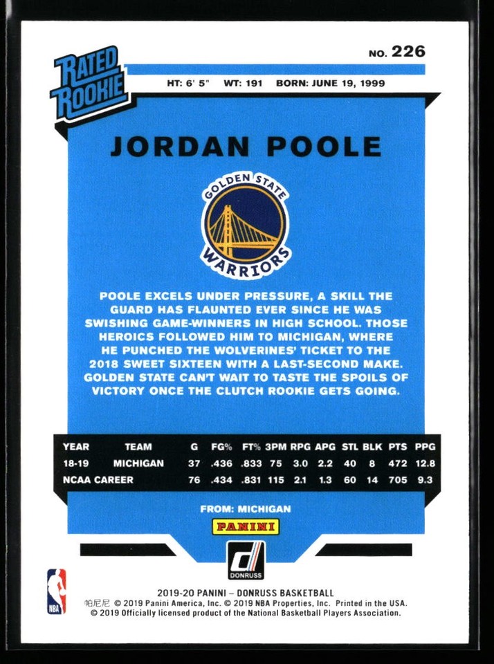 Jordan Poole 2019-20 Donruss #226 Press Proof Silver #/349 Rated Rookie ...