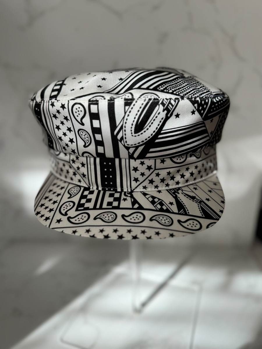 NEW Hermes Women's Deauville Cap Zigzag Printed Silk in Noir NEW Hermes Women's Deauville Cap Zigzag Printed Silk in Noir