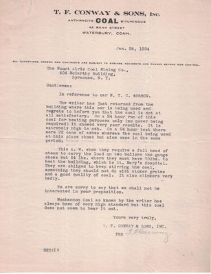 1924 T.F. Conway & Sons Coal Business Letter Waterbury CT Signed By ...