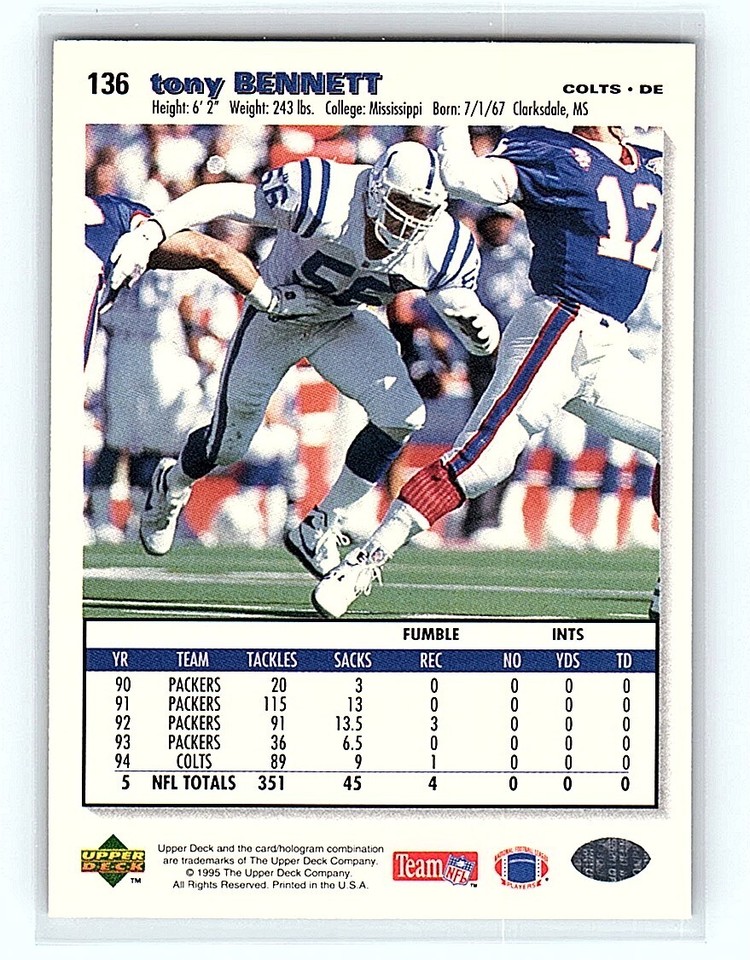 1995 Collector's Choice Players Club Tony Bennett Indianapolis Colts ...