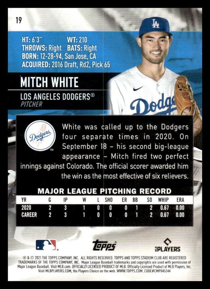 2021 Stadium Club Mitch White Rookie 19 Los Angeles Dodgers | eBay
