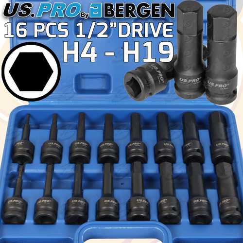 US PRO IMPACT HEX BIT Sockets Set 1/2" Drive Impact H4 To H19 Allen Key ...